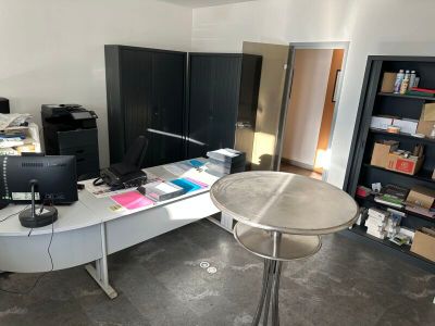 3 black metal cupboards 1 white laminated wood desk 1 re... - 85006992 ...