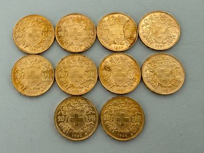 10 Swiss 20 franc gold coins 1930 - LOTS SOLD BY DESIGN, ... - 84969270 ...