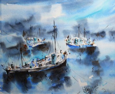 Christian ZABER (born 1950), "Bateaux de pêches dans la b... - 81981825 ...