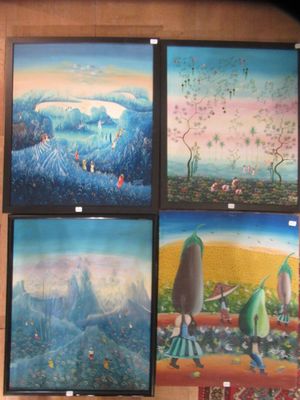 Quatre techniques mixtes sur toile naïf tahitien, quatre ... - 85212403 ...