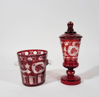 Icicle bucket and covered vase in red overlay glass with ... - 85170242 ...