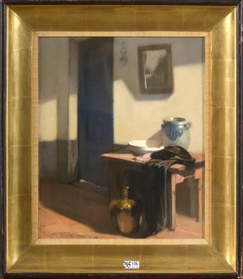 Pastel sur toile "Intérieur avec table, tableau et récipi... - 85132238 ...