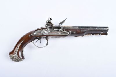 Double flintlock hunting pistol. Round, table-form barrel... - 82811199 ...
