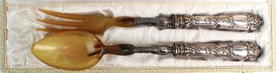 Couvert à salade en corne et argent fourré 750/1000 à déc... - 81858482 ...