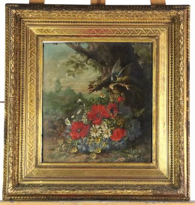 Félix THOMAS (1815-1875). Bouquet de fleurs et merle-bleu... - 73609682 ...